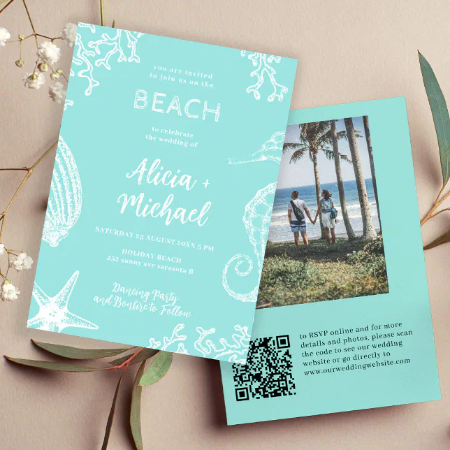 QR CODE Beach destination photo wedding Invitation | Zazzle