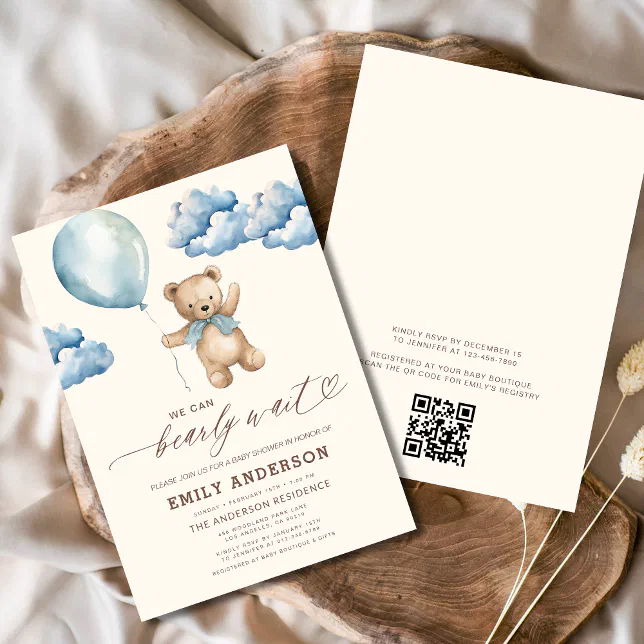 QR Code Bearly Wait Blue Boy Baby Shower Invitation | Zazzle