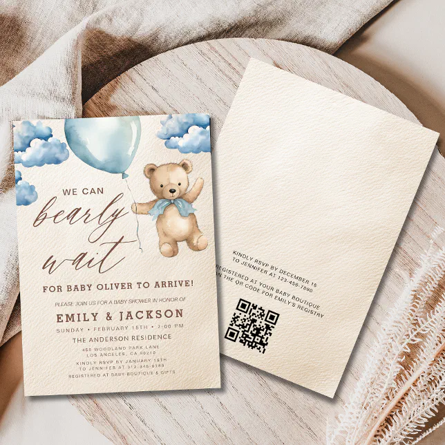 QR Code Bearly Wait Blue Boy Baby Shower Invitation | Zazzle