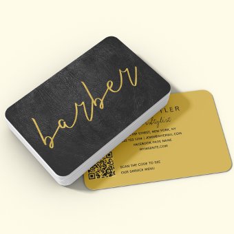 QR CODE black leather barber gold typography Business Card | Zazzle