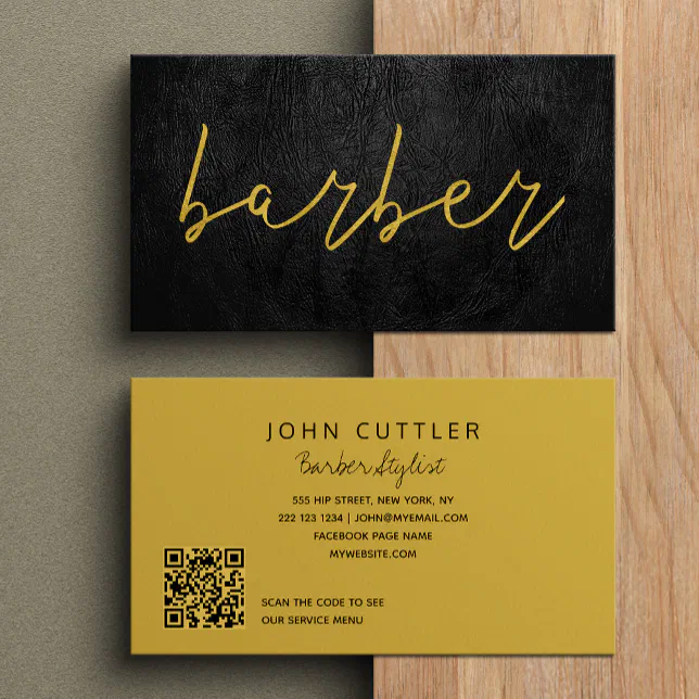 QR CODE black leather barber gold typography Business Card | Zazzle