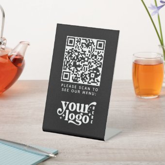 QR Code Black Menu Logo Contactless Modern Cafe Pedestal Sign | Zazzle