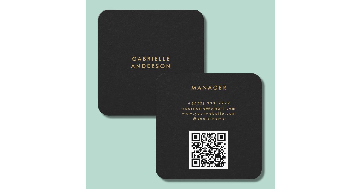 QR Code Black Paper Texture & Gold Typography Square Business Card | Zazzle