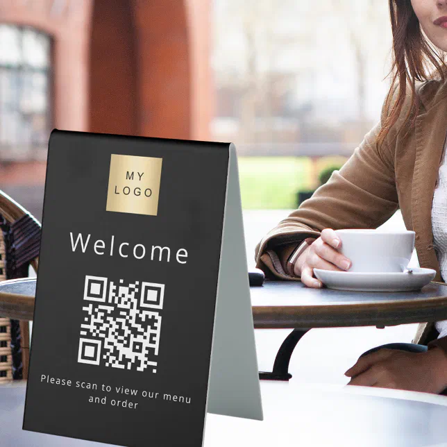 QR code black restaurant cafe bar scan menu Table Tent Sign | Zazzle