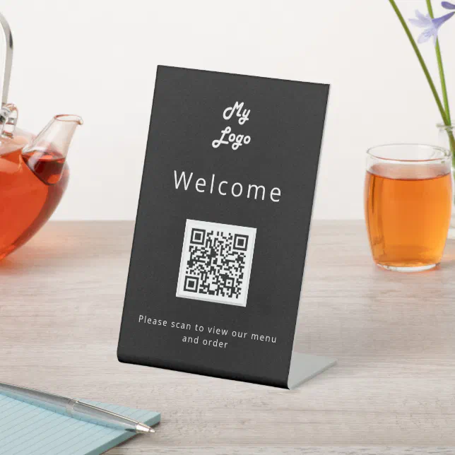 QR code black restaurant diner bar menu Pedestal Sign | Zazzle