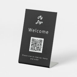 QR code black restaurant diner bar menu Pedestal Sign | Zazzle