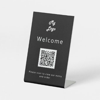 QR code black restaurant diner bar menu Pedestal Sign | Zazzle