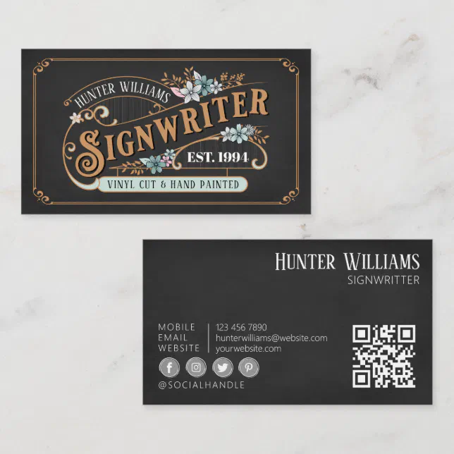 QR Code Black Vintage Signwriter Signs & Displays Business Card | Zazzle