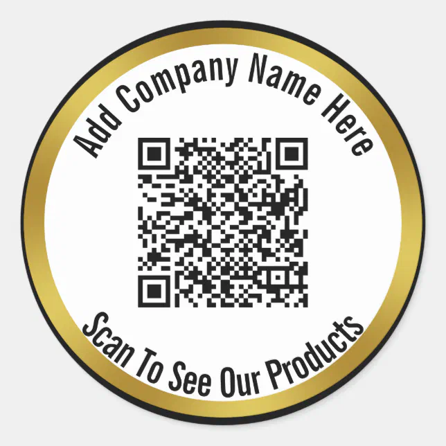 QR Code Black, White, and Gold Business Template Classic Round Sticker ...