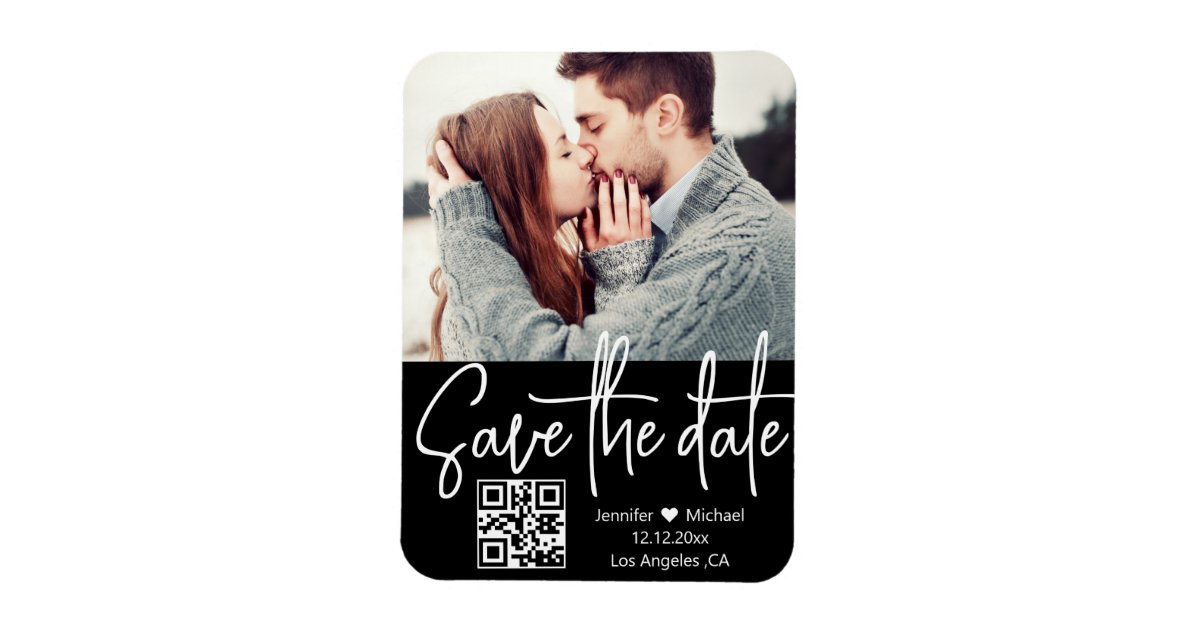 qr code black white wedding photo save the date magnet | Zazzle