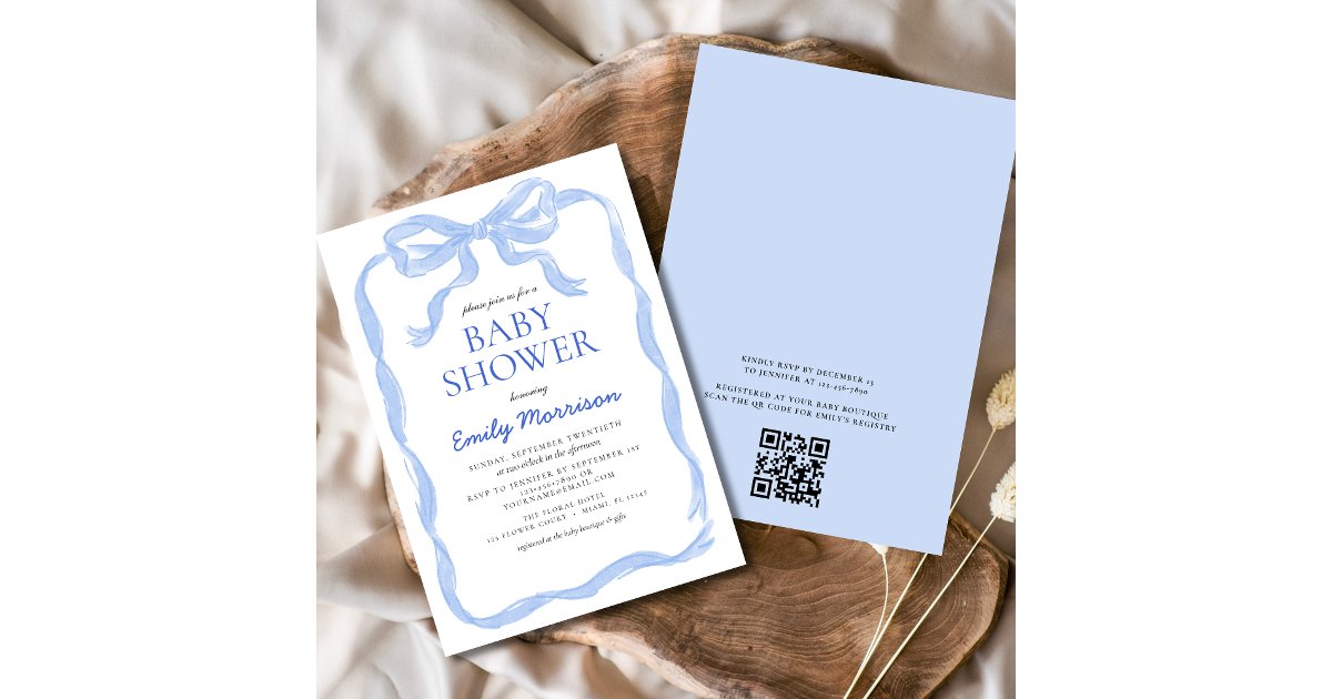 QR Code Blue Ribbon Watercolor Bow Boy Baby Shower Invitation | Zazzle