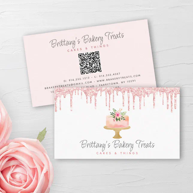 QR Code Blush Pink Cake Glitter Drips Pastry Chef Business Card | Zazzle