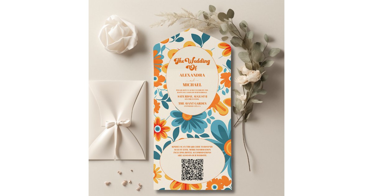 QR Code Bohemian Retro Casual Wedding All In One Invitation | Zazzle