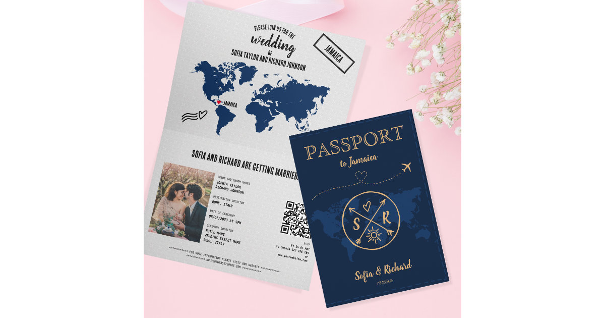 QR Code Boho Wedding Destination Passport Map Invitation | Zazzle