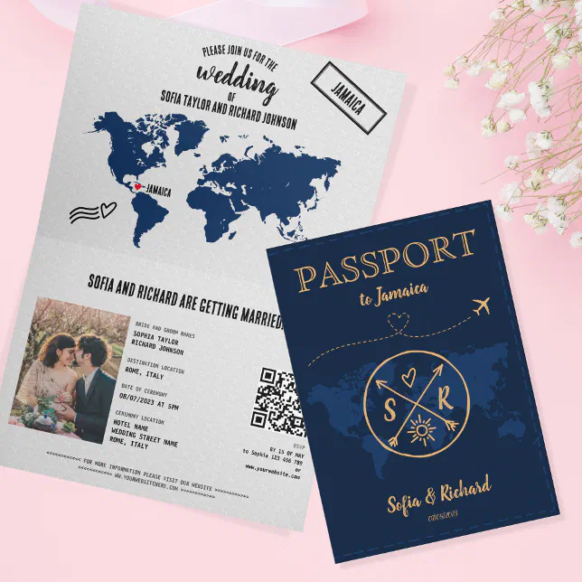QR Code Boho Wedding Destination Passport Map Invitation | Zazzle
