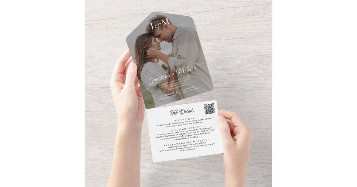 QR Code Budget Monogram Photo Overlay Wedding All In One Invitation ...