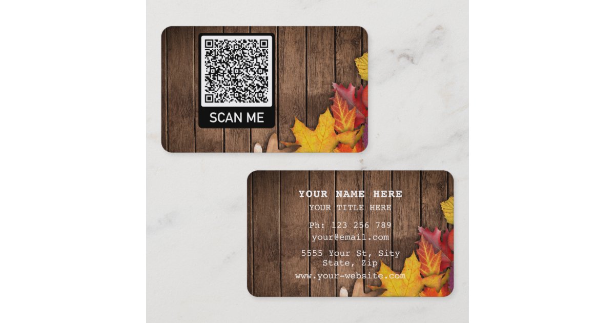 QR Code Business Card with Autumn Leaves On Wood | Zazzle
