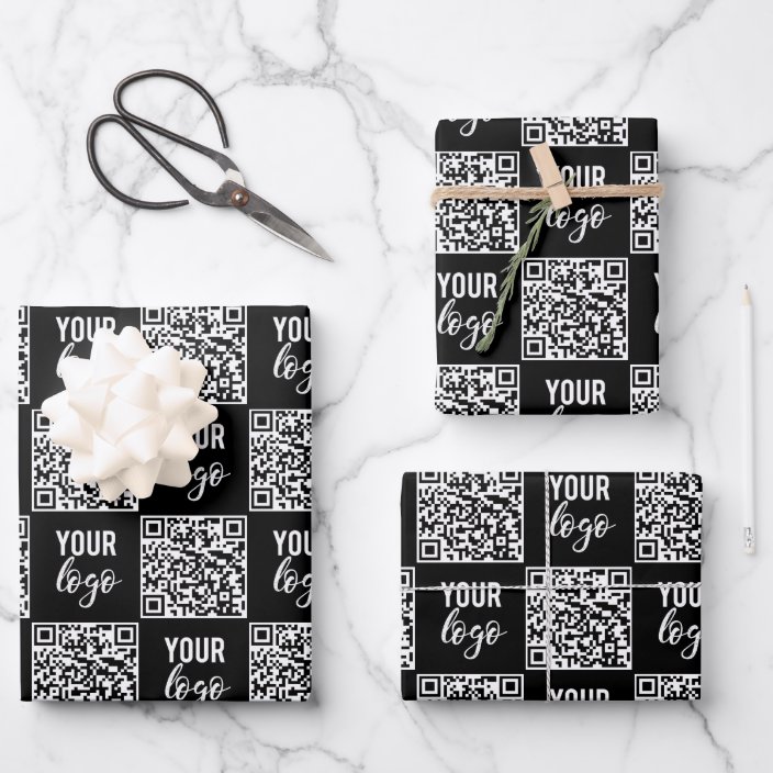 QR Code Business Logo Black Minimalist Business Wrapping Paper Sheets ...