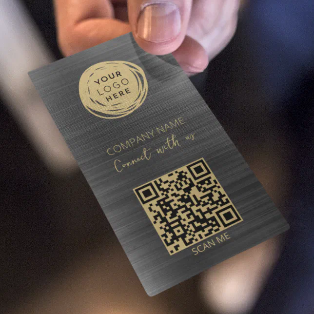 QR Code Business Logo Brushed Black Business Card | Zazzle