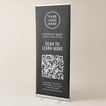 QR Code Business Logo Custom Black Retractable Banner | Zazzle