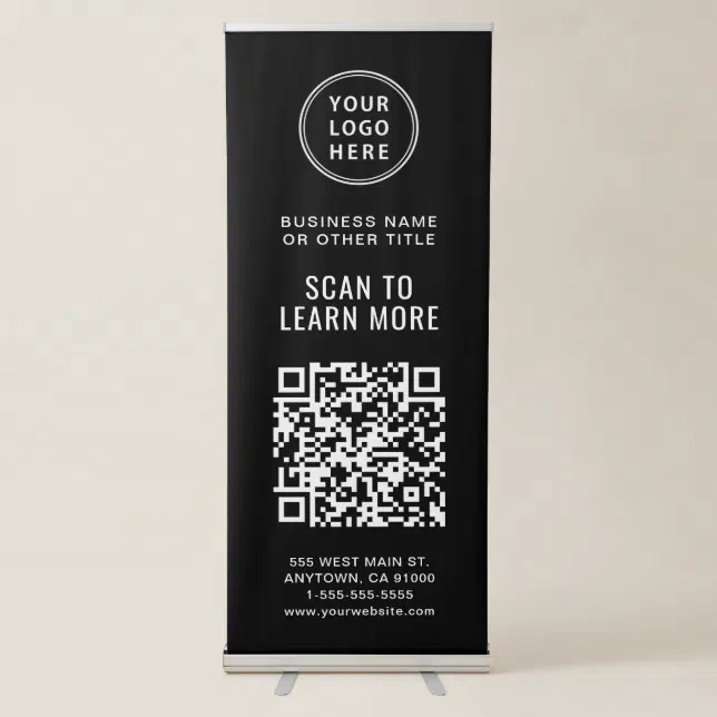 QR Code Business Logo Custom Black Retractable Banner | Zazzle