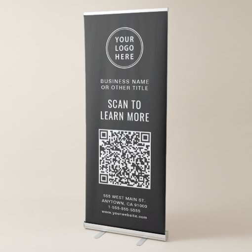 QR Code Business Logo Custom Black Retractable Banner | Zazzle