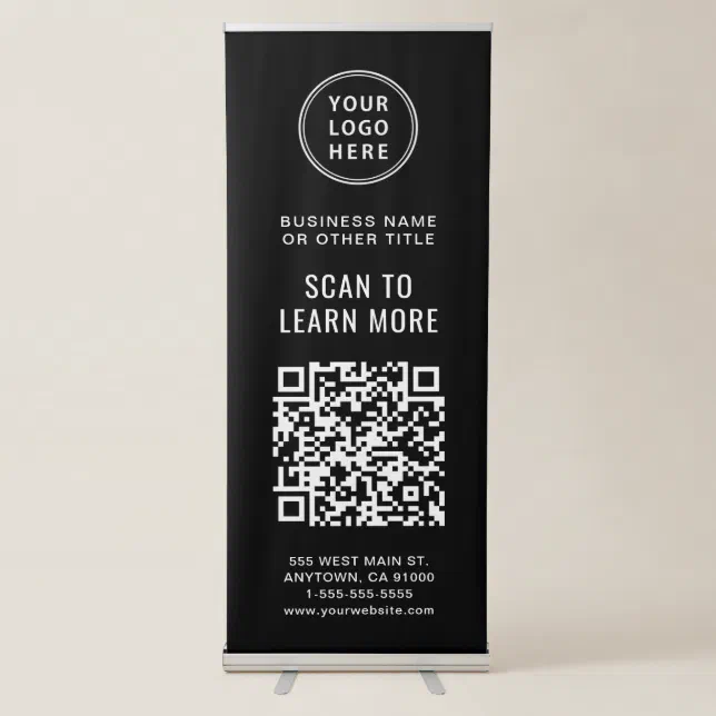 QR Code Business Logo Custom Black Retractable Banner | Zazzle