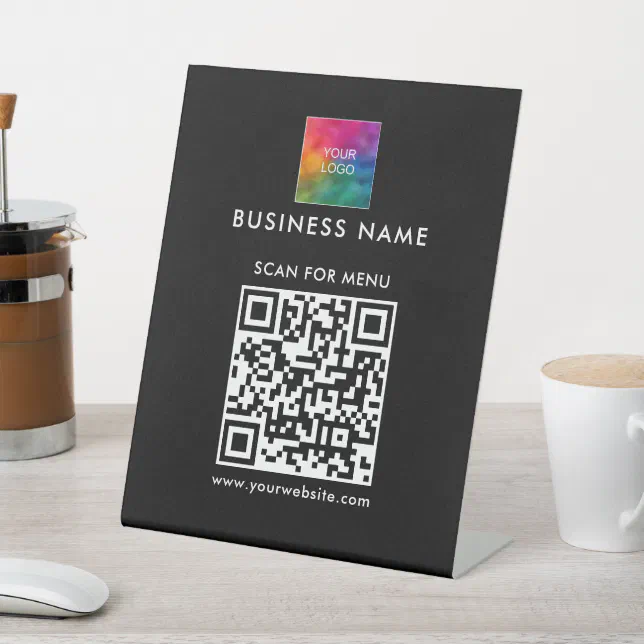 QR Code Business Logo Here Scan For Menu Black Pedestal Sign | Zazzle