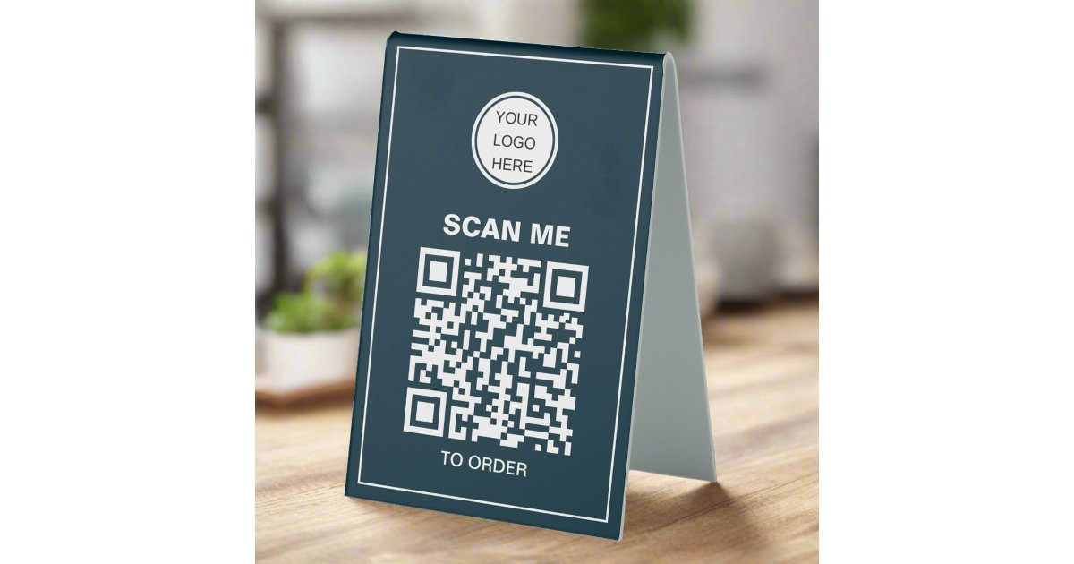 QR Code Business Logo l Cafe Restaurant Menu Blue Table Tent Sign | Zazzle