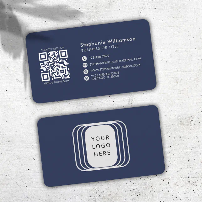 QR Code Business Logo Navy Modern Professional Card | Zazzle