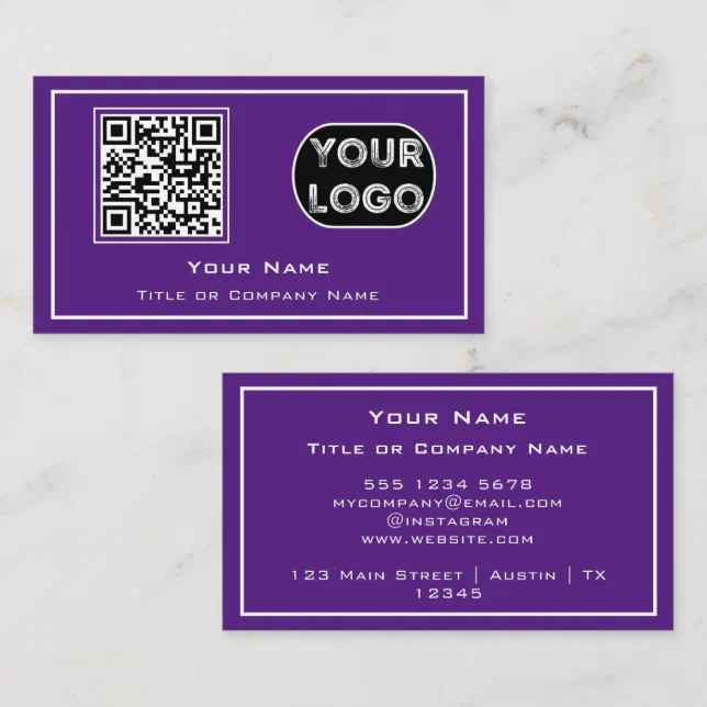 QR Code Business Logo Purple Minimalist Business Card | Zazzle