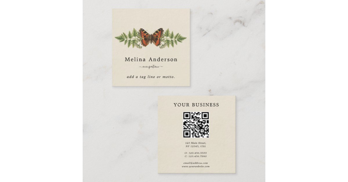 QR Code Butterfly Botanical Square Business Card | Zazzle