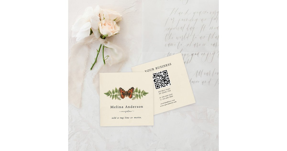 QR Code Butterfly Botanical Square Business Card | Zazzle