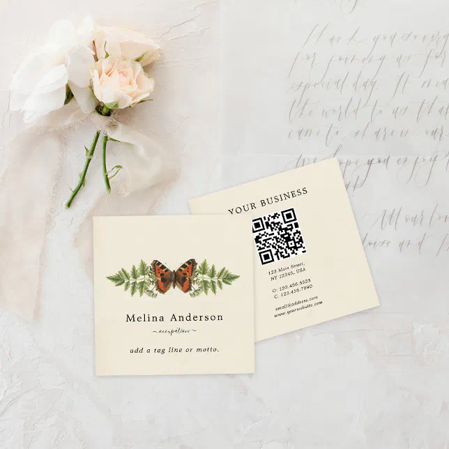 QR Code Butterfly Botanical Square Business Card | Zazzle