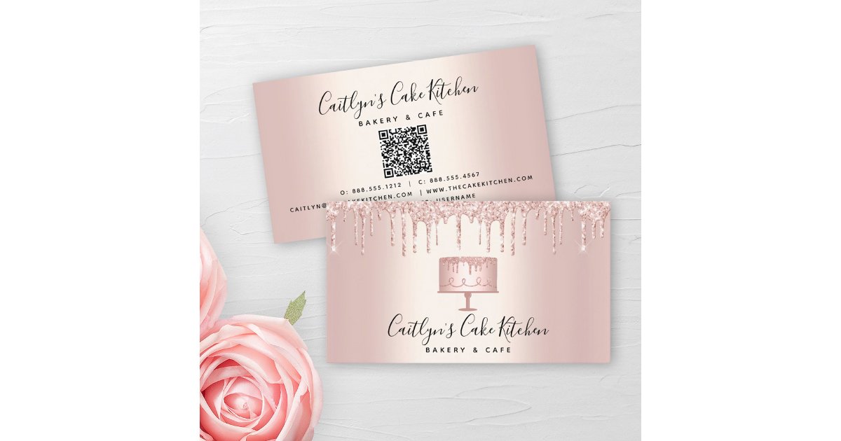 QR Code Cake Bakery Rose Gold Glitter Drips Pastry Business Card | Zazzle