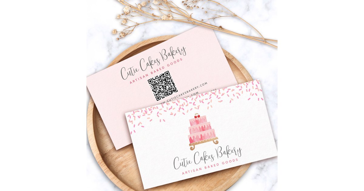 QR Code Cake Blush Pink Sprinkles Pastry Chef Chic Business Card | Zazzle