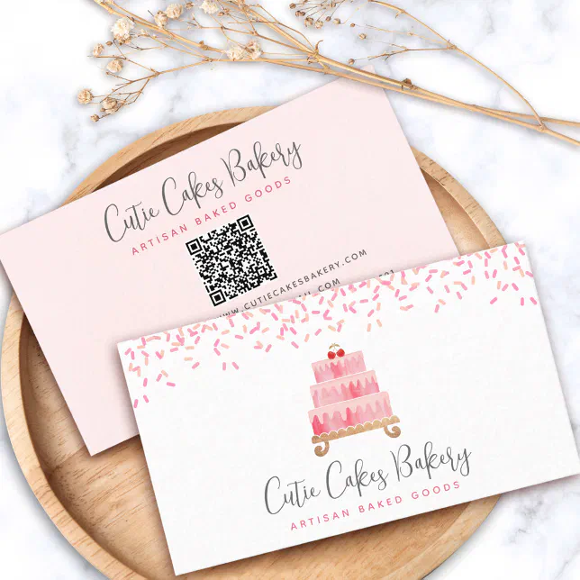 QR Code Cake Blush Pink Sprinkles Pastry Chef Chic Business Card | Zazzle