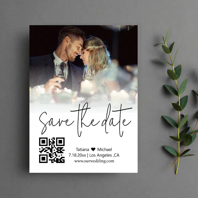 qr code calligraphy couple photo save the date note card | Zazzle