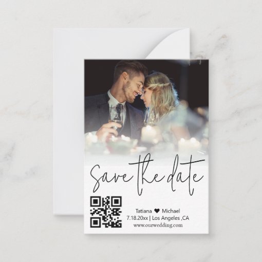 qr code calligraphy couple photo save the date note card | Zazzle