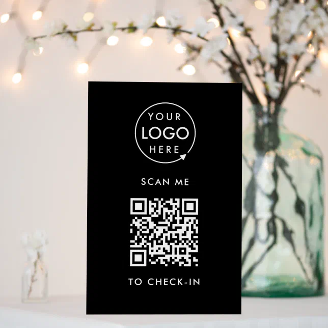 QR Code Check-In | Black Business Logo Contactless Foam Board | Zazzle