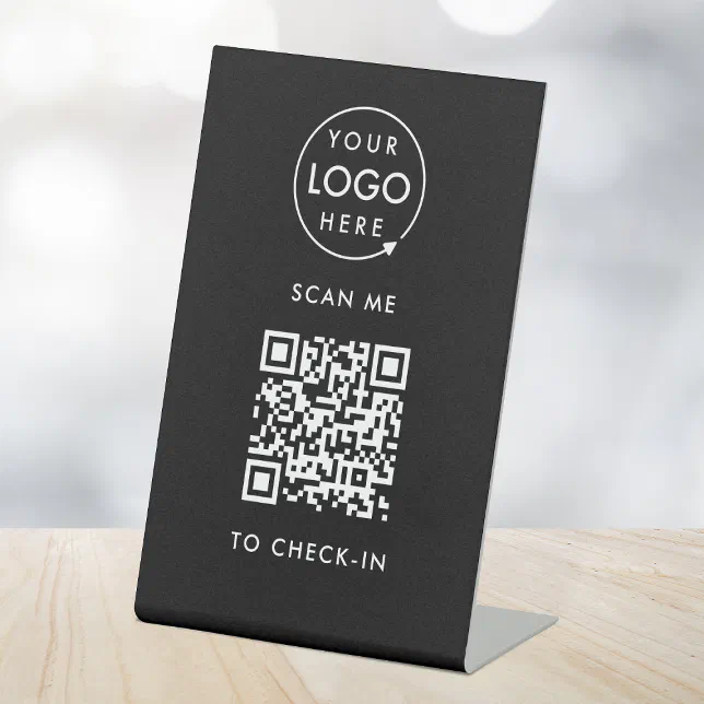 QR Code Check-In | Black Business Logo Contactless Pedestal Sign | Zazzle