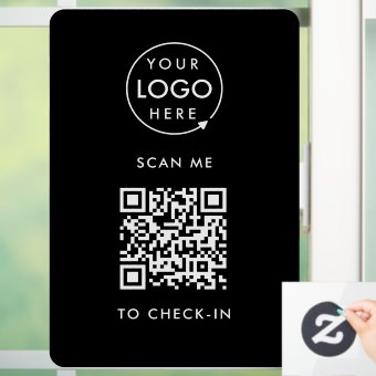 QR Code Check-In | Black Business Logo Contactless Window Cling | Zazzle