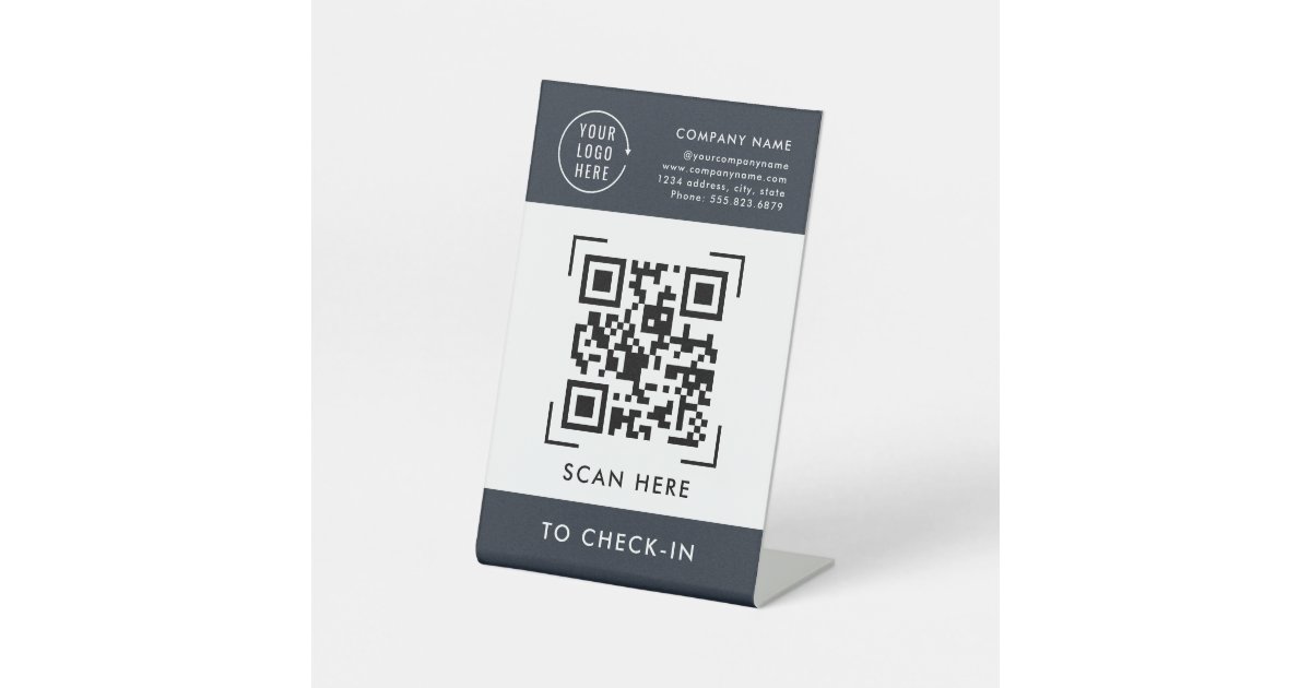 QR Code Check-In | Business Logo Contactless Pedestal Sign | Zazzle