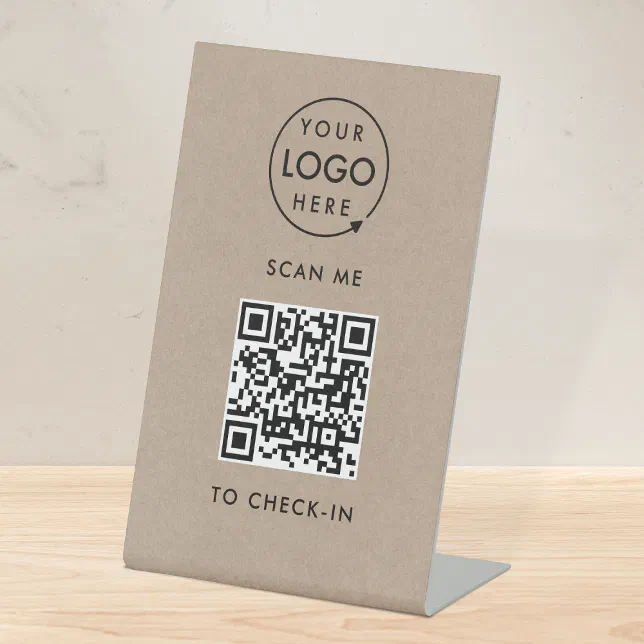 QR Code Check-In | Rustic Kraft Logo Contactless Pedestal Sign | Zazzle