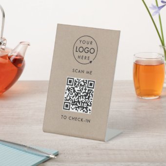 QR Code Check-In | Rustic Kraft Logo Contactless Pedestal Sign | Zazzle