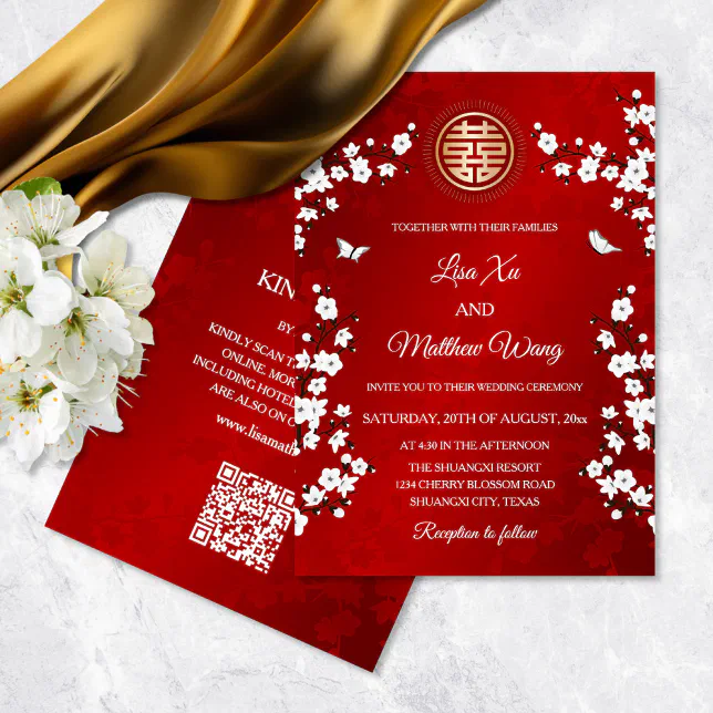 QR Code | Cherry Blossom Chinese Wedding Invitation | Zazzle