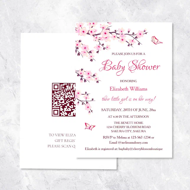 QR Code | Cherry Blossom | Girl Baby Shower Invitation | Zazzle