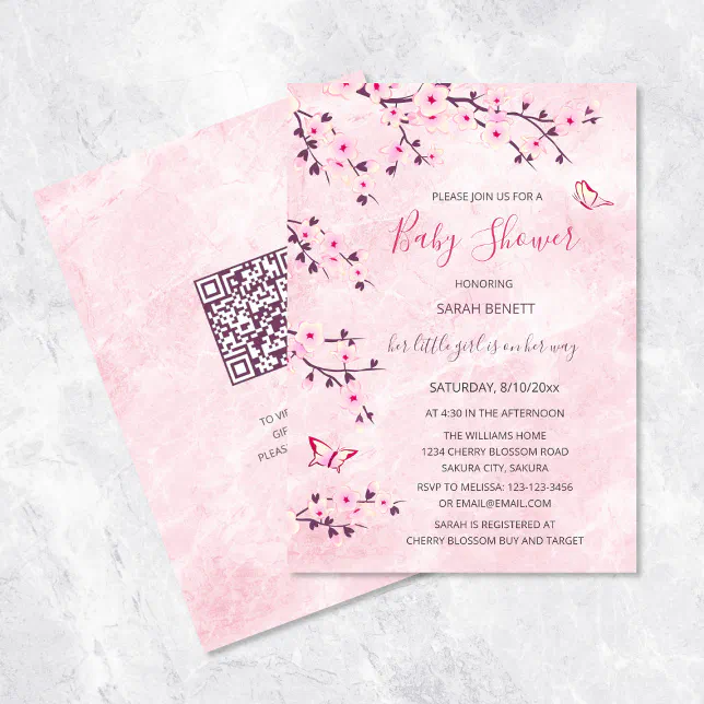 QR Code | Cherry Blossoms Pink Marble Baby Shower Invitation | Zazzle
