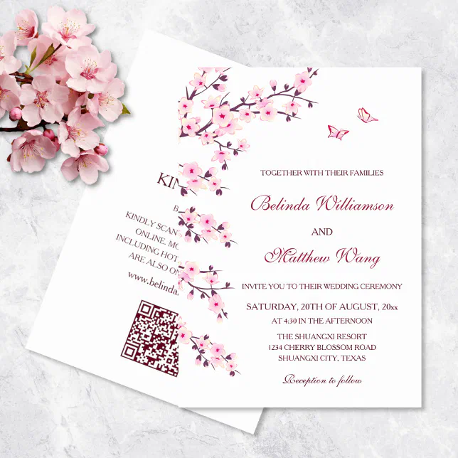 QR Code | Cherry Blossoms Pink White Wedding Invitation | Zazzle