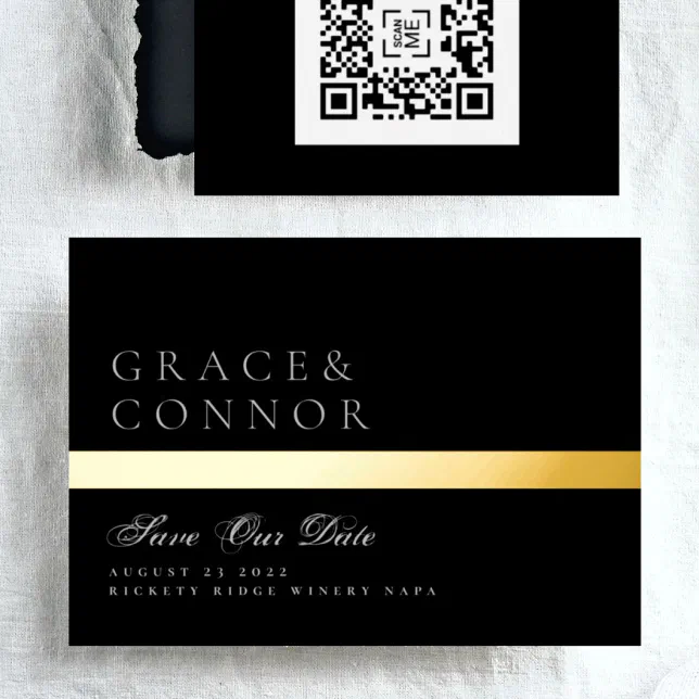 QR Code Classic Black Stripe Photo Save The Date Foil Invitation | Zazzle
